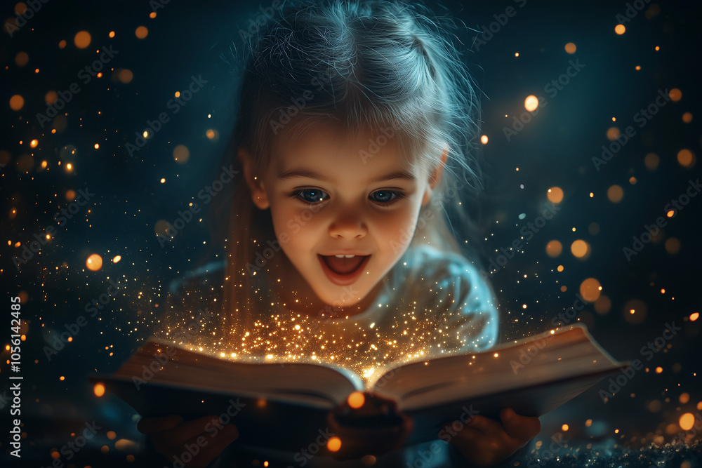 Little girl reading a book with glowing sparkles around. Stock Photo ...