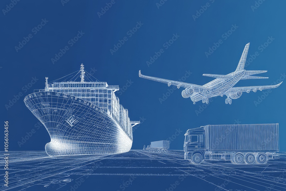 Cargo ship, container truck, and plane wireframe drawing on blue ...