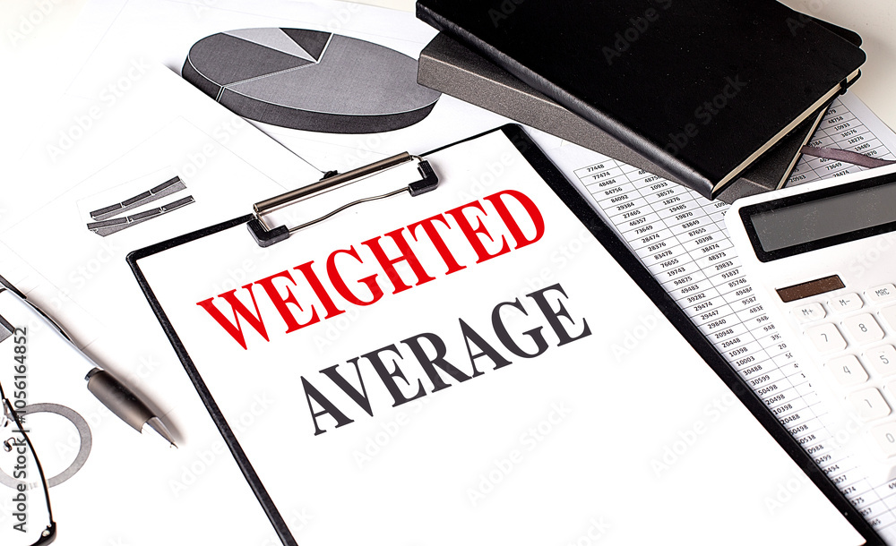Weighted average concept with text on a clipboard, surrounded by charts ...