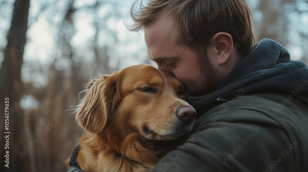 an hunter hugs a golden retriever- a happy pet owner with facial hair ...