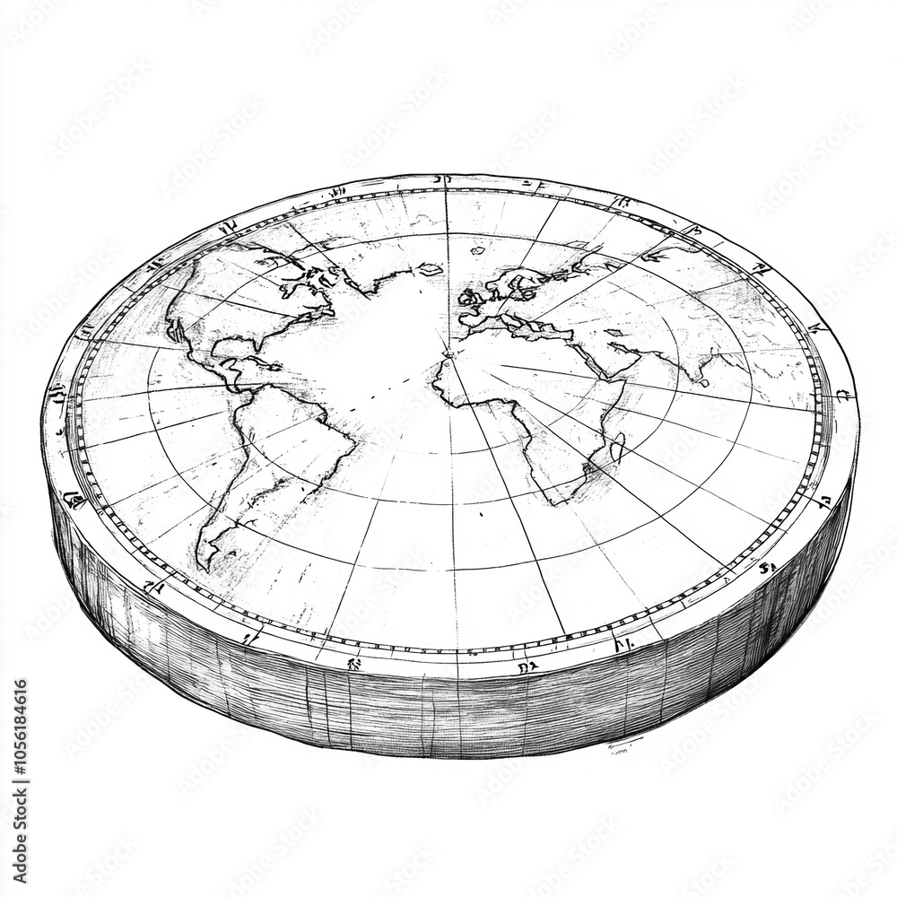 A hand-drawn sketch of a circular world map, with precise lines and ...