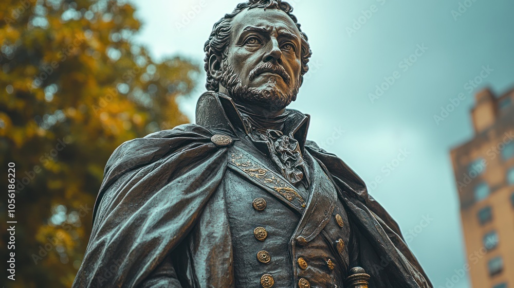 A bronze statue of a man in a cape and military uniform, looking up ...