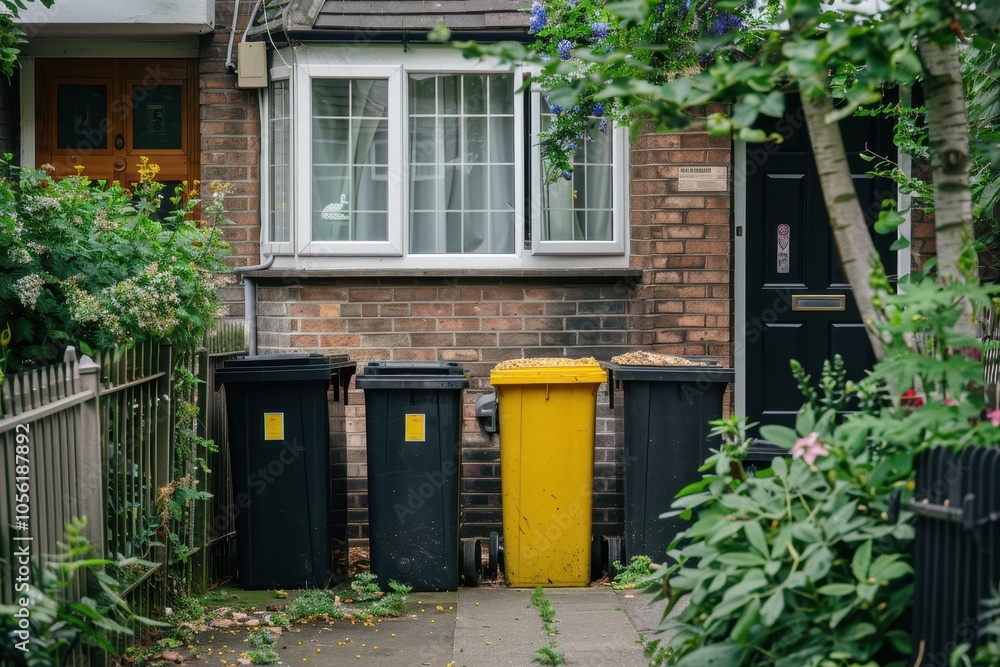 Labeled wheelie bins for recycling garden waste and refuse at Grahame ...