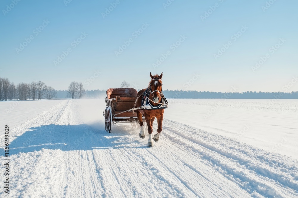 horse drawn sleigh moving through a snow-covered field under a clear ...