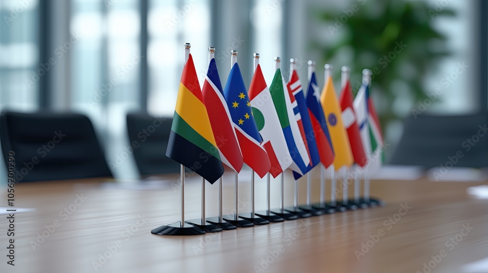 A row of diverse international flags on a wooden conference table ...