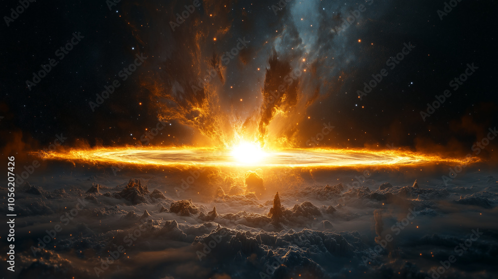 Epic cosmic explosion with radiant golden light ring, illuminating ...