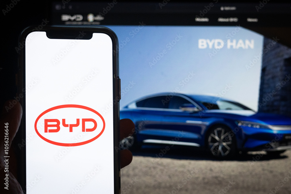 Silhouette of Hand Holding Phone with BYD (BYDDY) Logo in Front of BYD ...