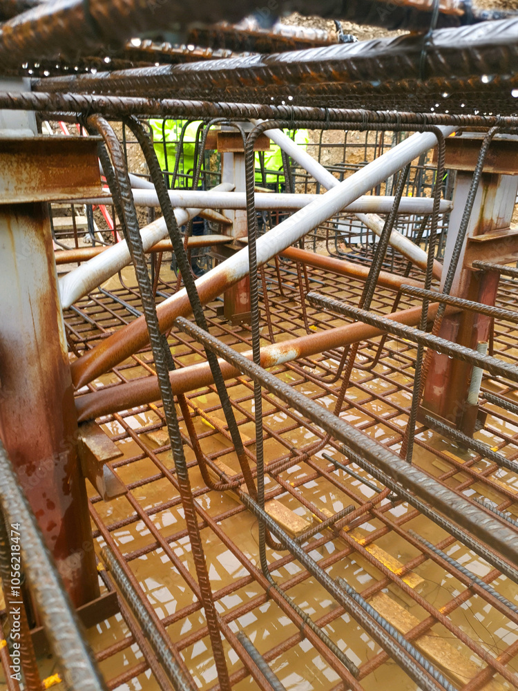 Tower crane base foundation with steel reinforcement grid and spirit ...