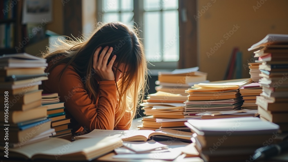 Academic Overload, A young woman overwhelmed by academic pressure sits ...