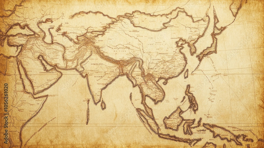 A vintage-style outline map of Asia with aged paper textures and ...
