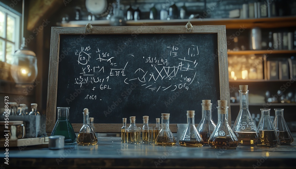 Professional 3D visualization of a blackboard displaying handwritten ...