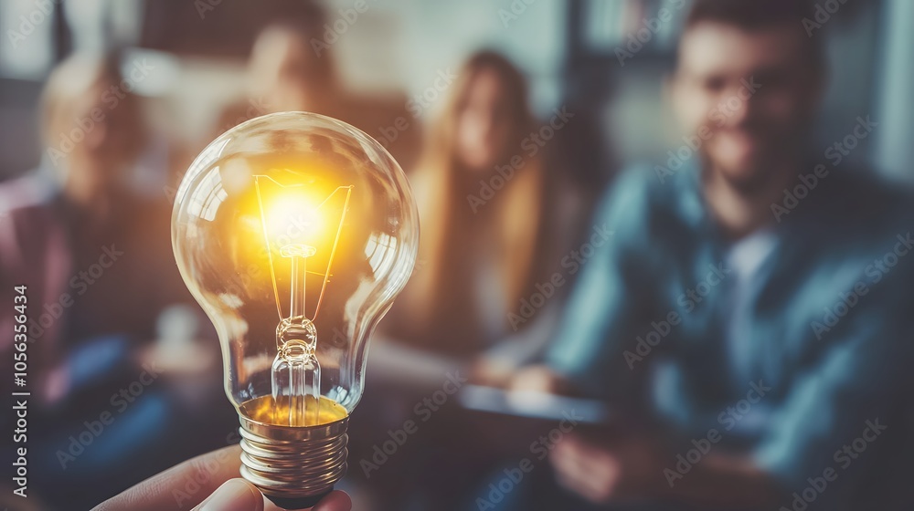 Team of young creative people working together around the light bulb as ...