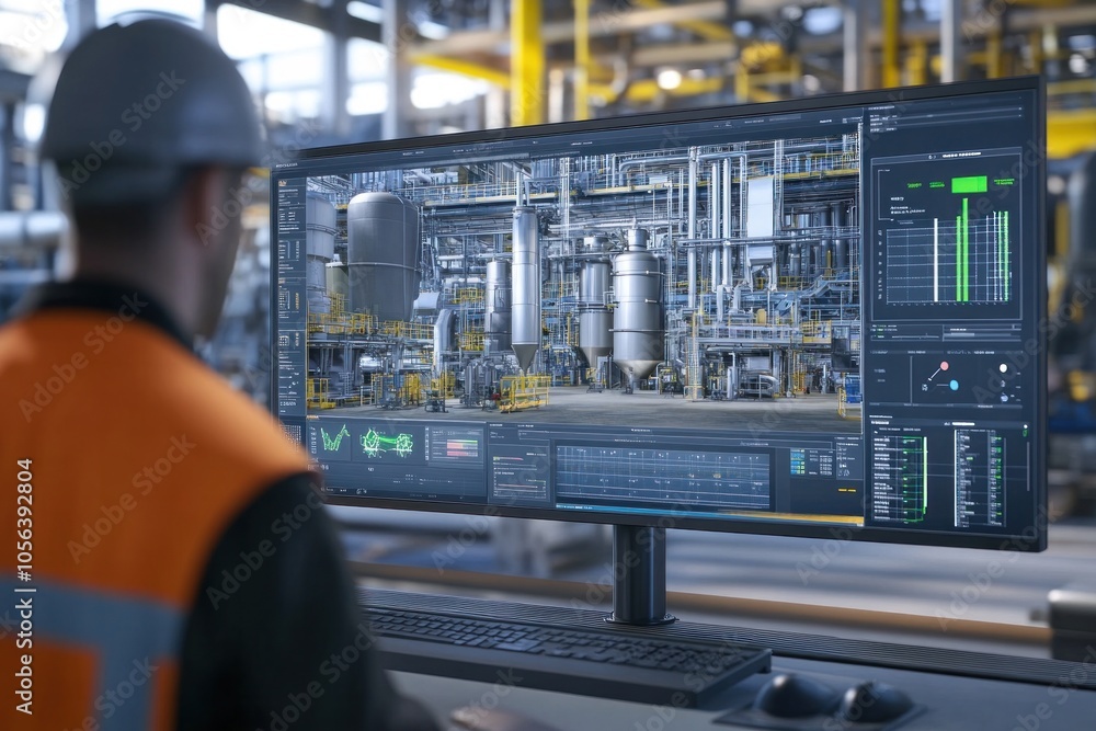A power plant digital twins illustration with a 3D representation of ...