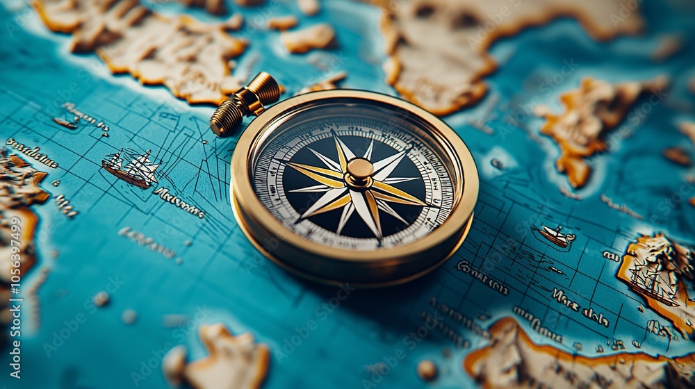Ancient compass and map, navigation symbols, historical reference ...