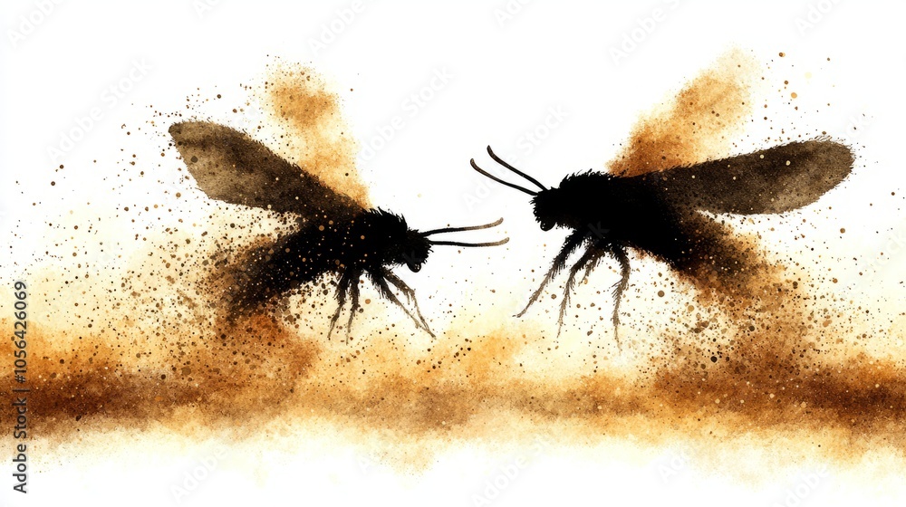 Two black silhouettes of insects fighting in a cloud of brown dust ...