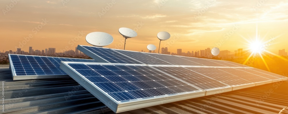 Modern solar panels with satellite dishes under a vibrant sunset ...