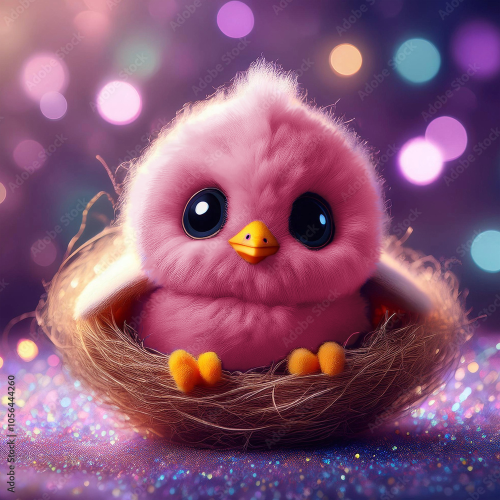 Photo Stock pollito pequeño de color morado con ojos grandes y tiernos ...