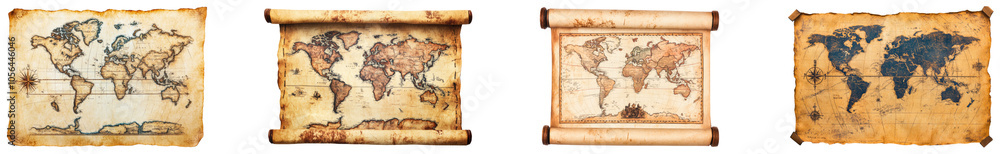 Antique world maps displayed on aged parchment in various styles. Set ...