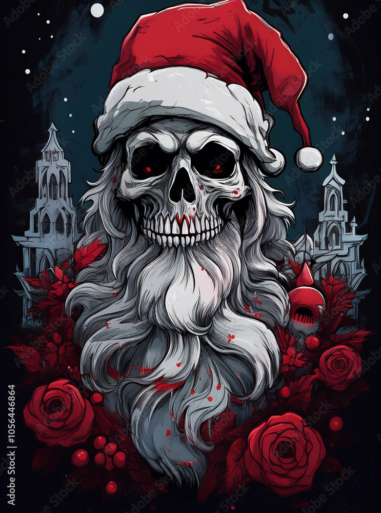 Ilustración de Stock Papa Noel con con rostro de calavera, fondo oscuro ...