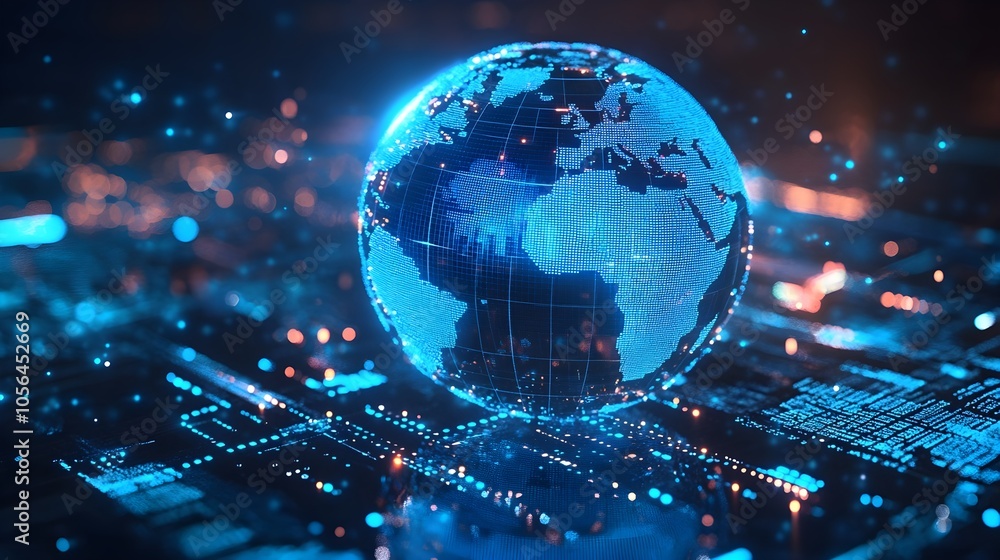 Blue hologram globe with world map with glowing data streams, ai global ...
