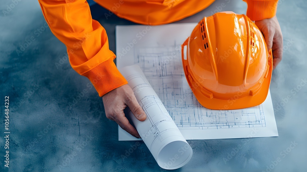 Modern commercial construction site, an engineer cross-referencing building blueprints with site ...