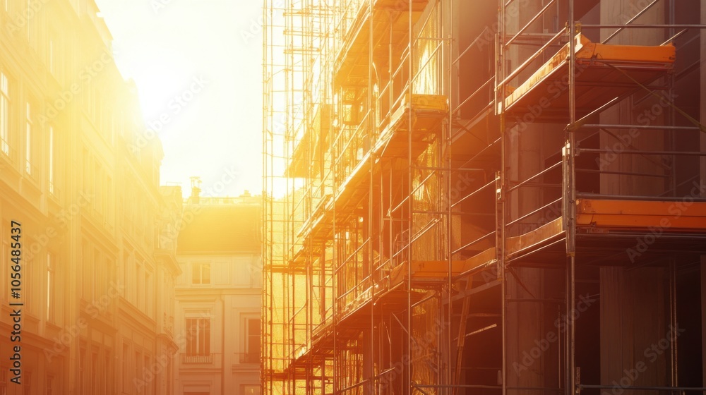 Construction background with scaffolding on a tall building, bottom ...