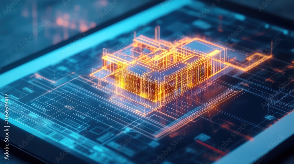 digital 3D render showing layers of construction blueprints on a ...