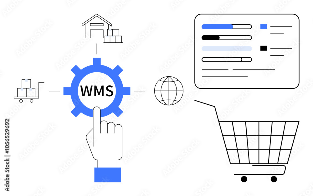 Hand pointing to WMS icon, connected icons showing warehouse, cart ...