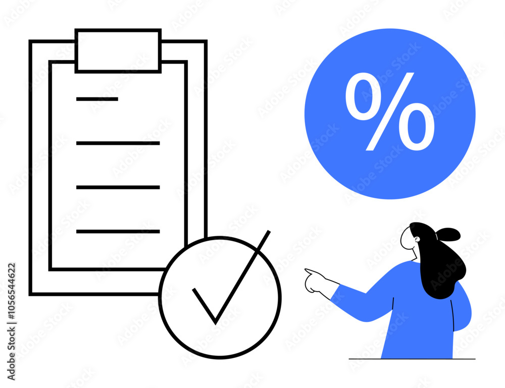 Checklist and checkmark, percentage symbol and a woman in blue sweater ...