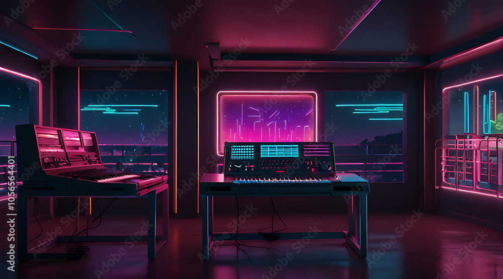 Neon lights and keyboards with retro futuristic colors, representing ...