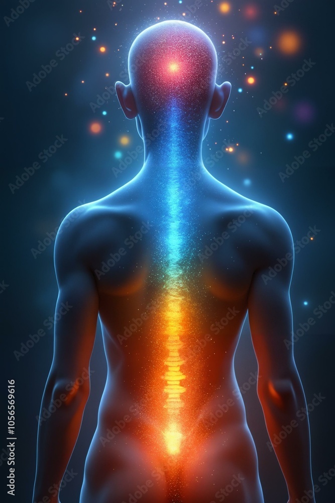 Silhouette of a human back illustrating energy meridians with glowing ...