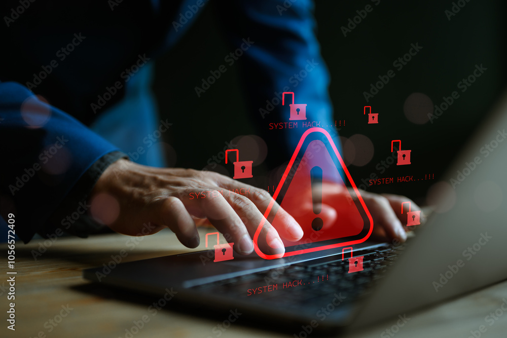 System warning hacked alert, cyberattack on computer network ... System warning hacked alert, cyberattack on computer network ...