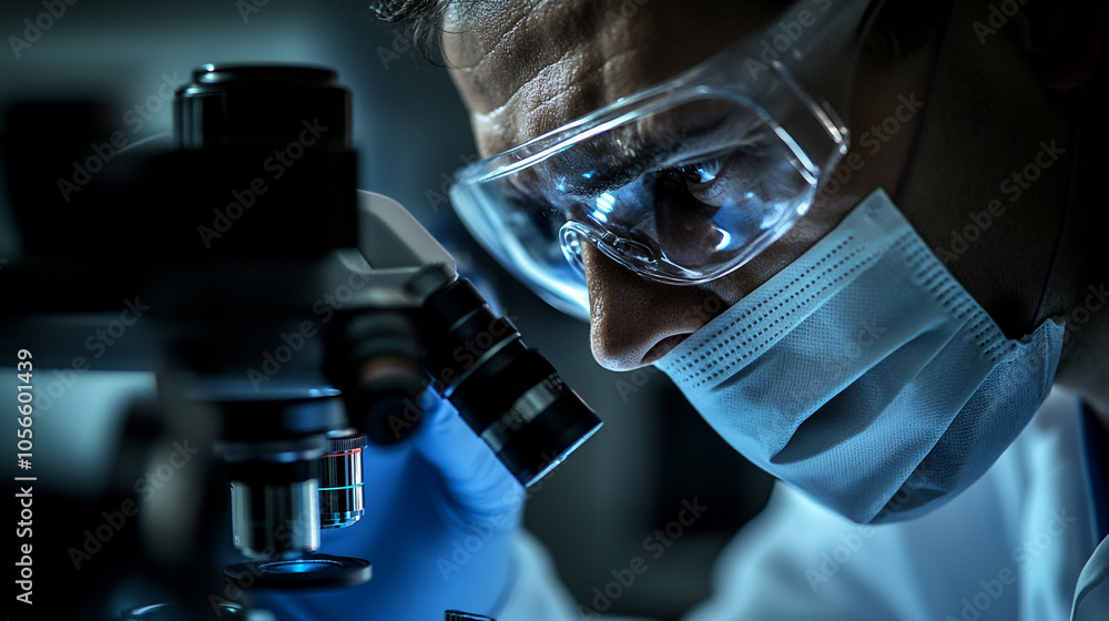 A scientist examines a specimen under a microscope in a laboratory ...