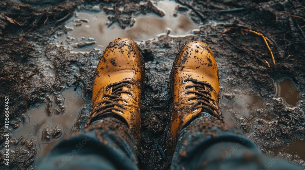 Boots immersed in mud and slush point of view Theme of inclement ...