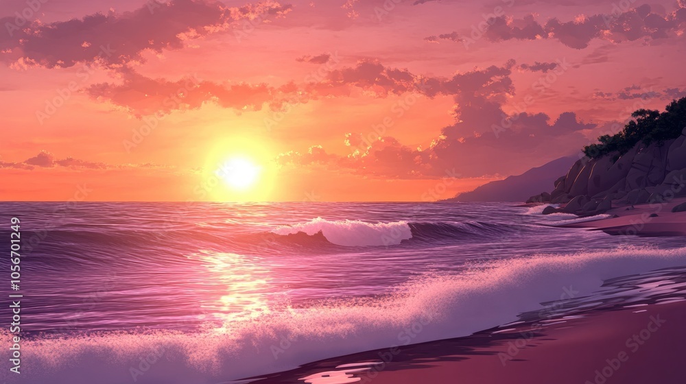 Dusk at the beach A breathtaking ocean sunset Captivating animated ...