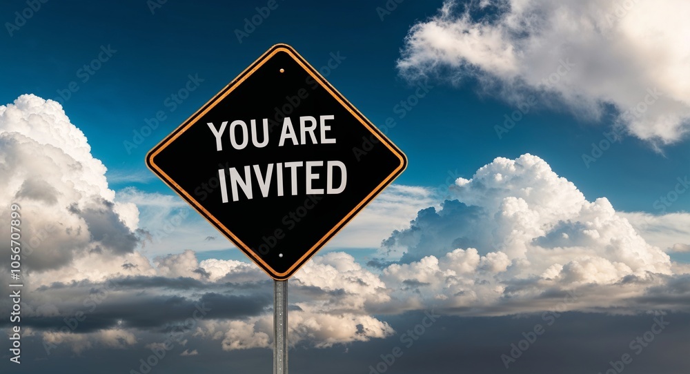 you are invited text on road sign with clouds and sky background Stock ...