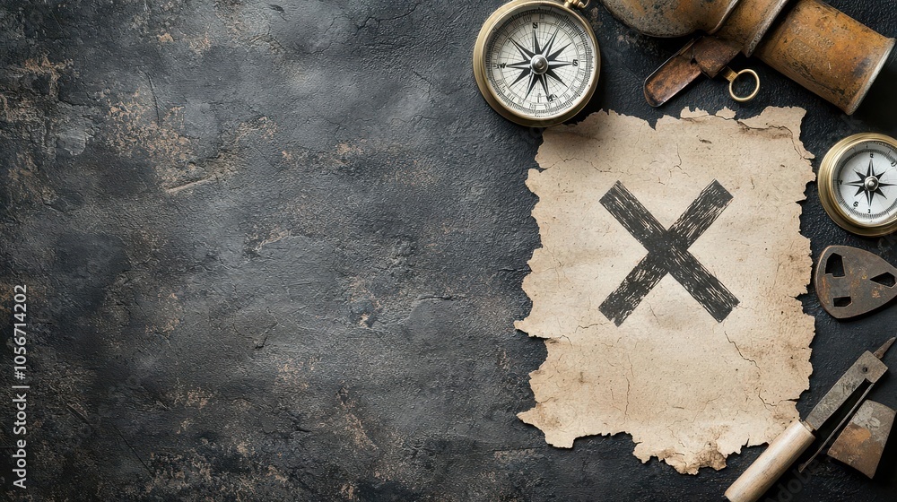 Treasure map with X marking the spot, laid on a table with old tools ...