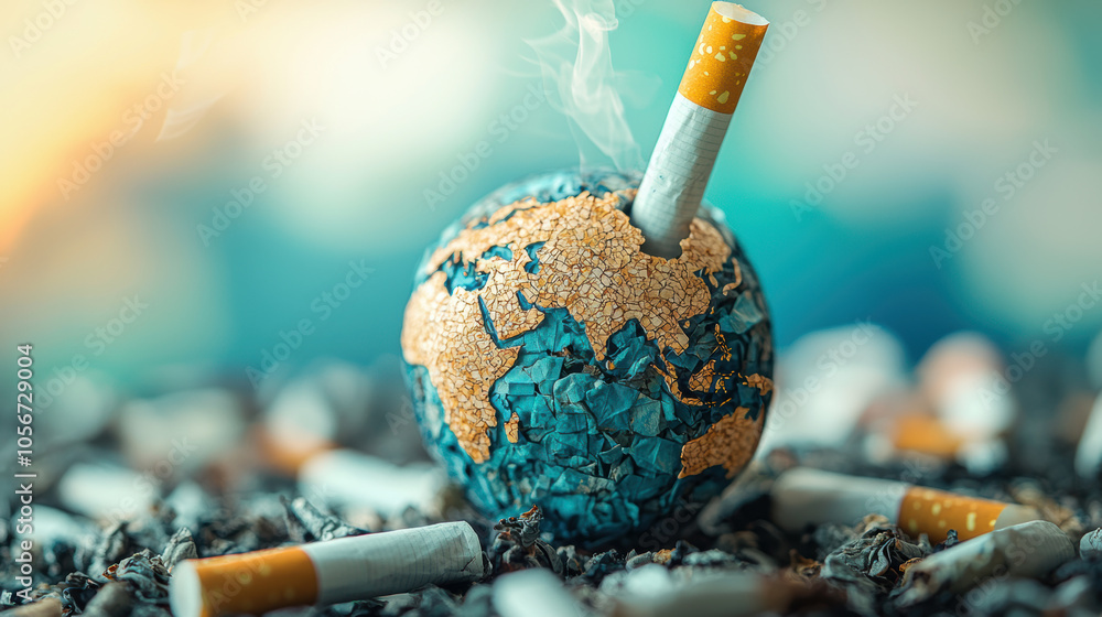 Cracked globe with cigarette butt symbolizing environmental damage and ...