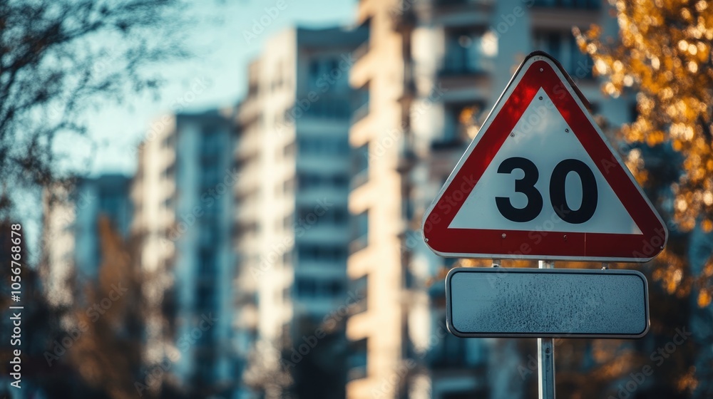 Square shaped speed limit sign indicating 30 km h in front of ...