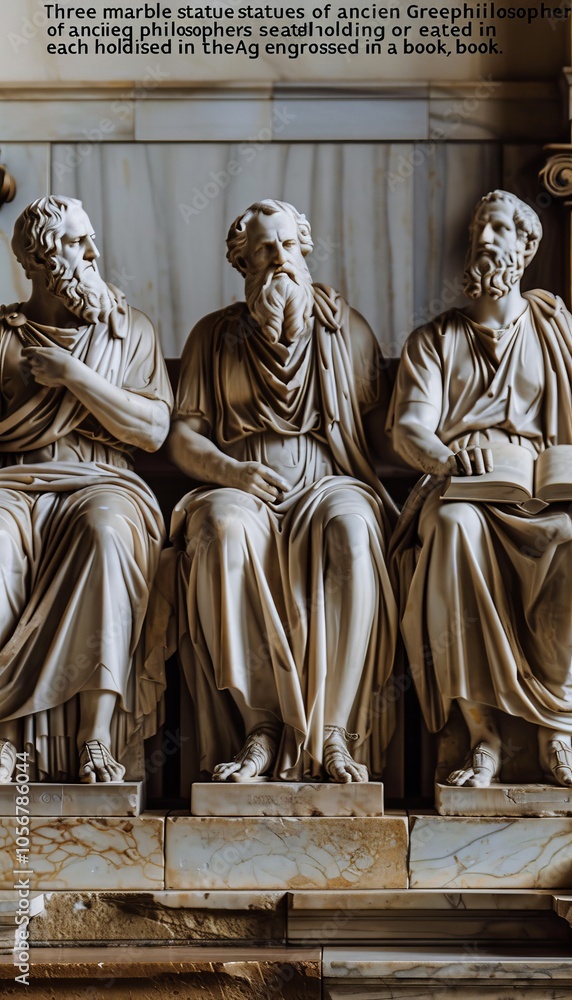 Three marble statues of ancient Greek philosophers are depicted seated ...