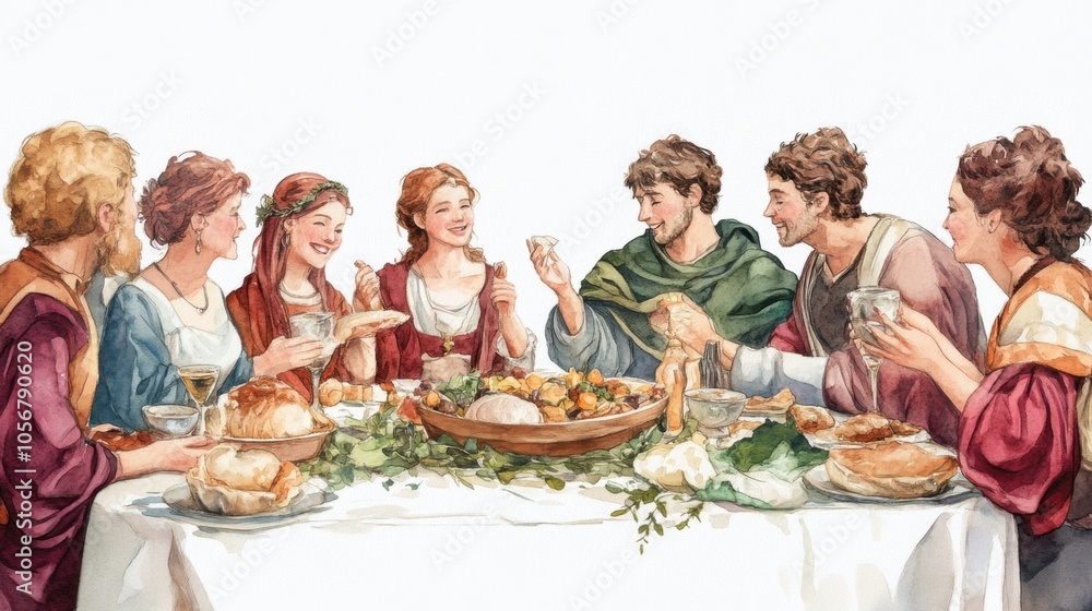 Watercolor of Medieval Feast with Friends Celebrating Together Feast of ...
