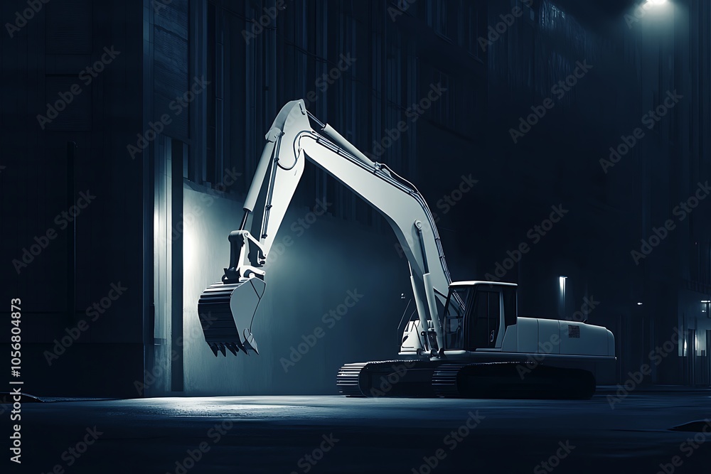 Backhoe hydraulic Excavator with bucket. side view. Wide angle ...