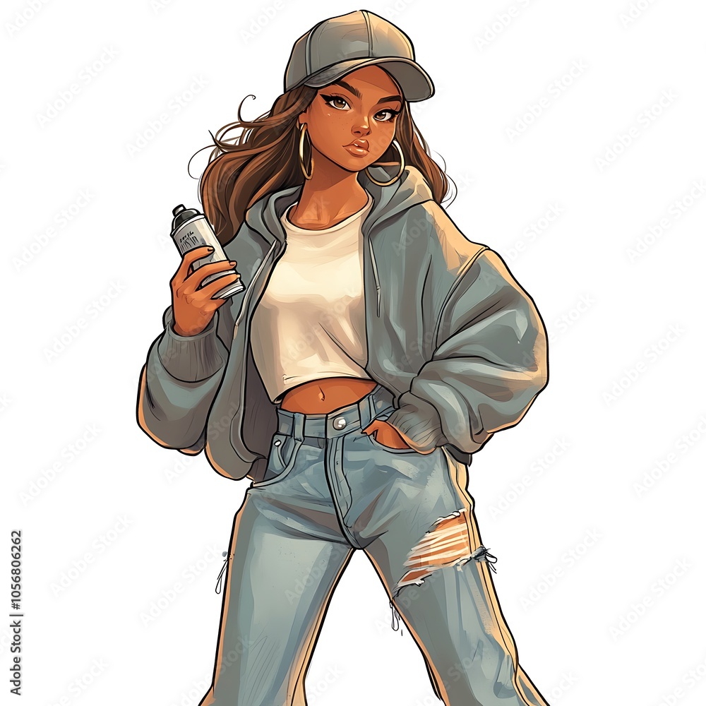 Cartoon girl with a backwards cap, oversized hoodie, and low-rise jeans ...