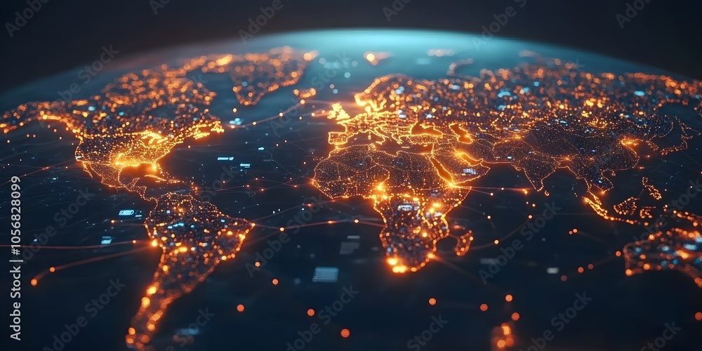 Glowing Orange Network Map Shows Earth's Digital Connections Stock ...