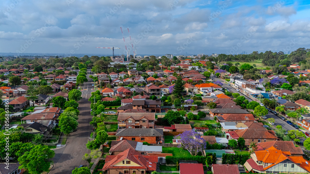 defaultPanoramic aerial drone view of Western Sydney Suburbs with ...