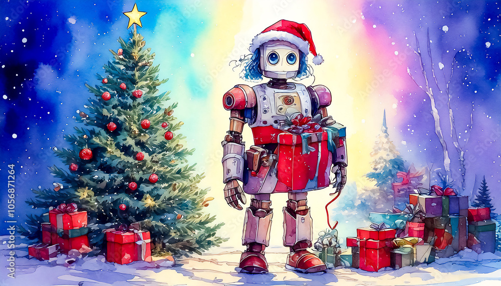 Cartoon humanoid robot in steampunk outfit with christmas tree and gift ...