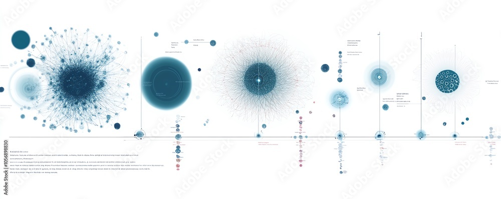 Abstract digital visualization of data connections in a network with blue circular nodes ...