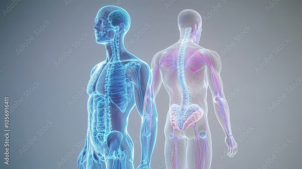 3D illustration of human anatomy highlighting skeletal and spine ...