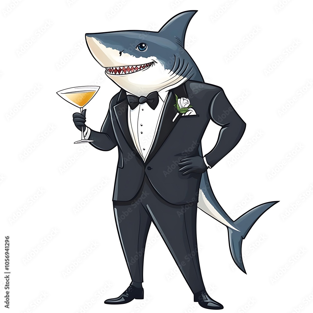 Cartoon shark in a tuxedo with a martini on a white background. Stock ...