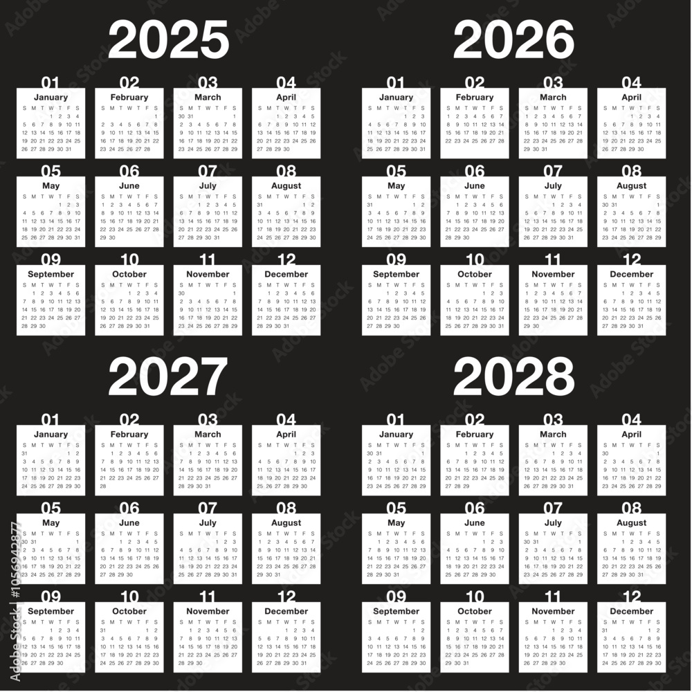 2025 2026 2027 2028 year calendar vector design template Stock Vector | Adobe Stock